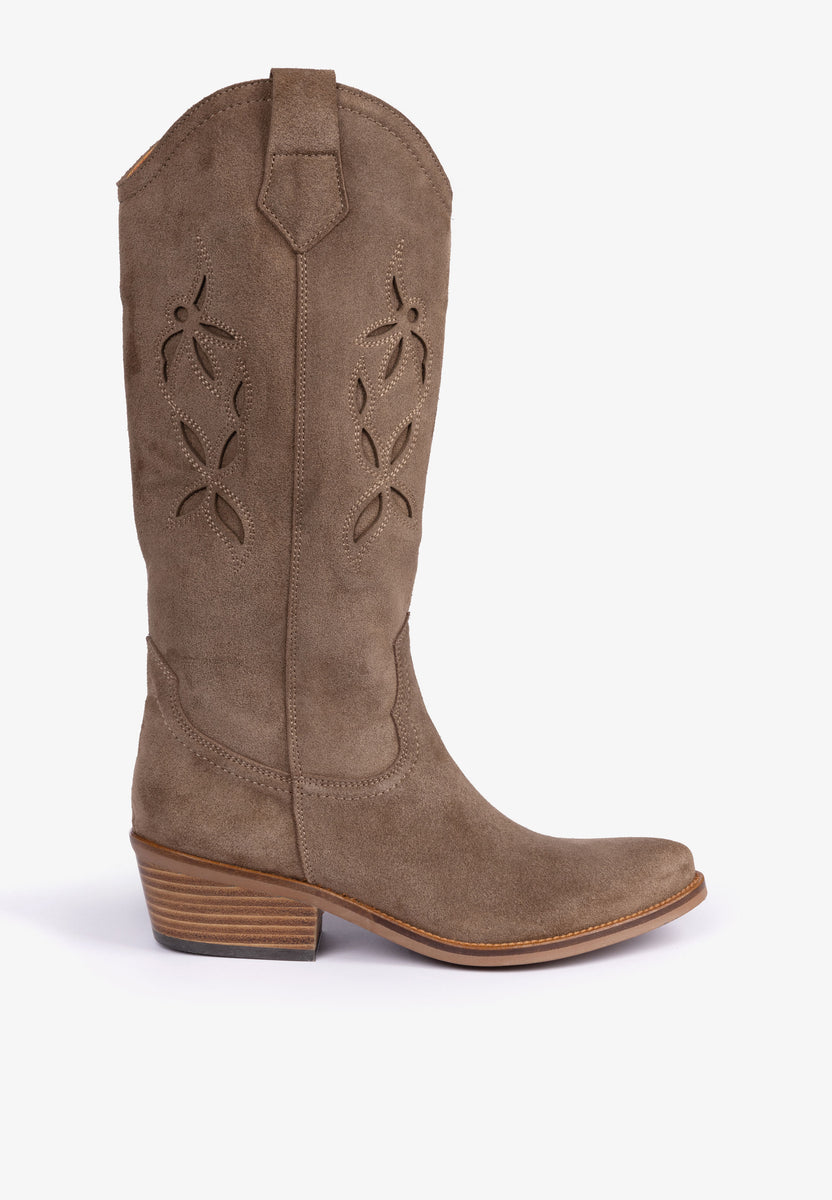 Jasmine Cowboy Boot Sesame Suede – Schuberts Footwear